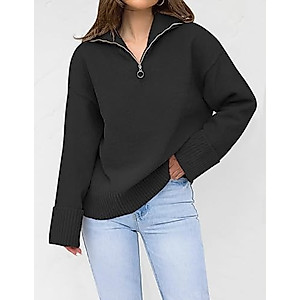 ZESICA Women's 2023 Winter Long Sleeve 1/4 Zipper V Neck Loose Fuzzy Knitted Chunky Warm Pullover Sweater Jumper Tops,Black,Large