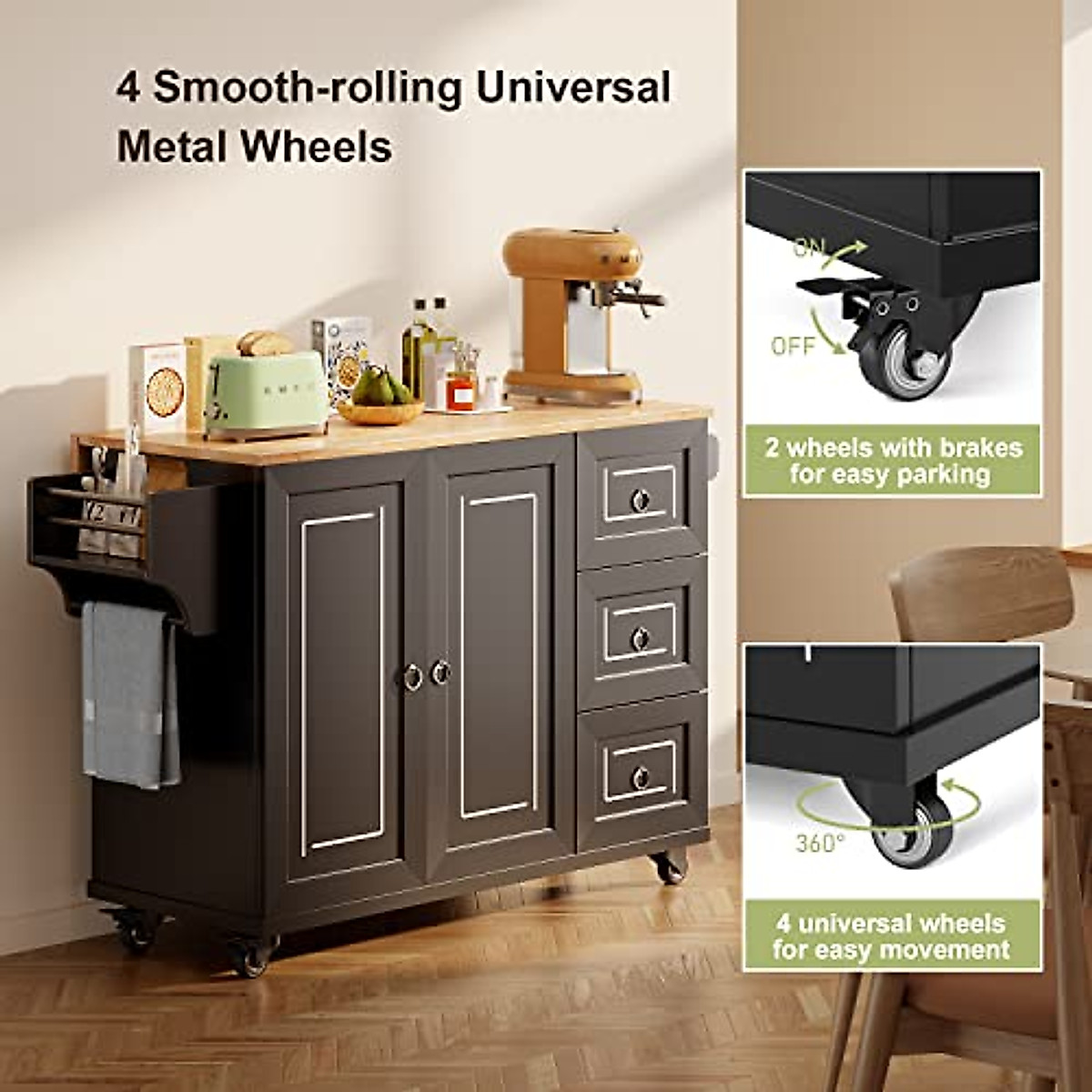 Qsun Kitchen Island with Storage on Wheels with Drop Leaf, Kitchen Island Cart with Rubber Wood Top, Large Storage Cabinet, Three Large Drawers, Side Towel Rack and Spice Rack (Black)