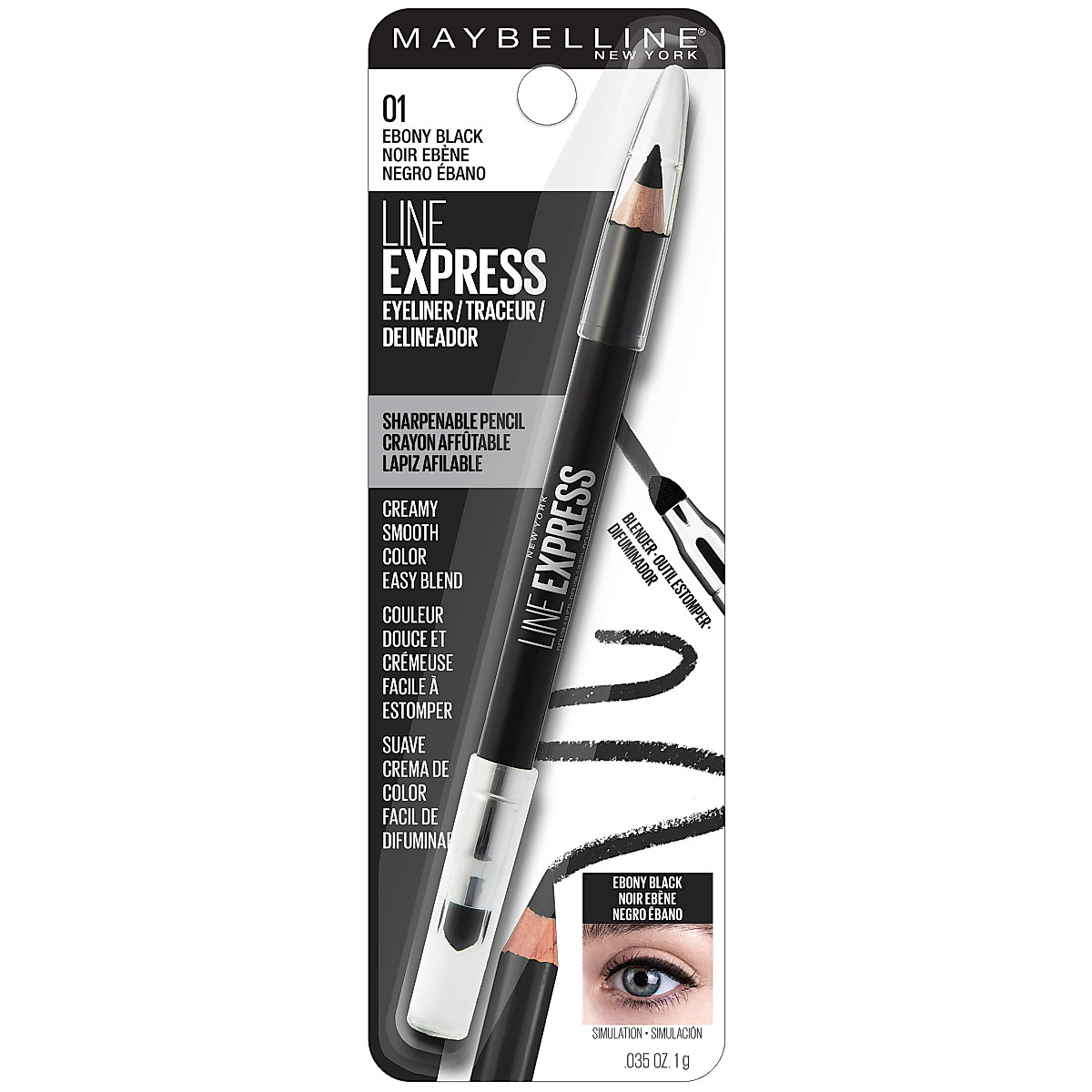 Maybelline New York Line Express Sharpenable Wood Pencil with Built-In Blending Smudger Tip Creamy Liner Eyeliner Eye Makeup, Ebony Black, 0.035 oz.
