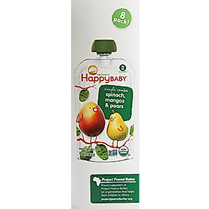 Happy Baby Organic Stage 2 Baby Food Simple Combos Pear Mango Spinach, 4 Ounce Pouch (Pack of 8) Resealable Baby Food Pouches, Fruit & Veggie Puree, Organic Non-GMO Gluten Free Kosher