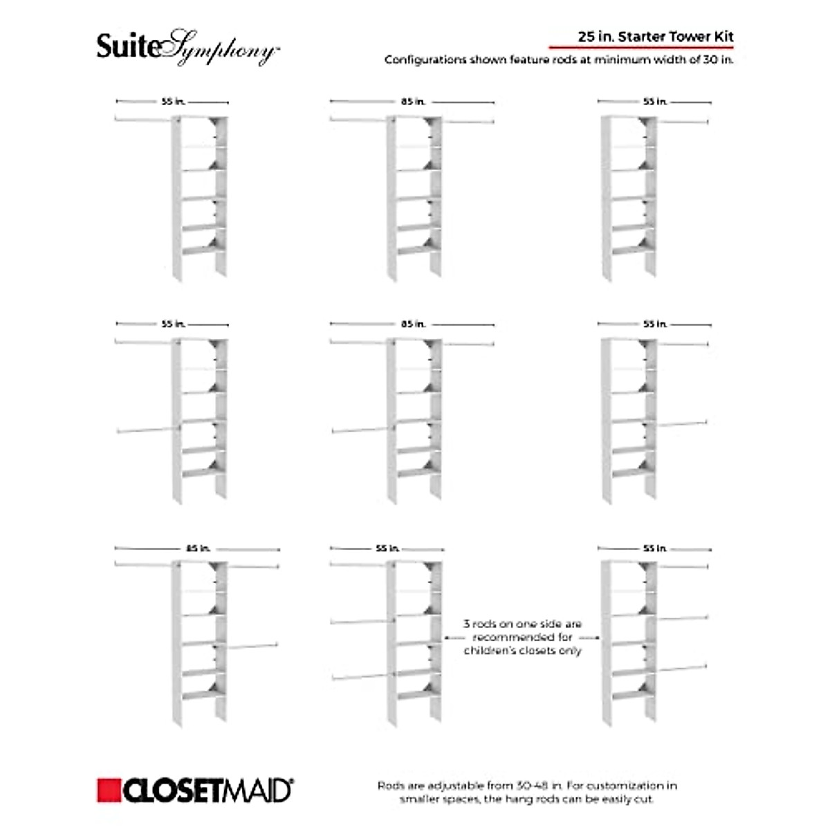 ClosetMaid SuiteSymphony Wood Closet Organizer Starter Kit Tower and 3 Hang Rods, Shelves, Adjustable, Fits Spaces 5 – 10 ft. Wide, Pure White, 25"