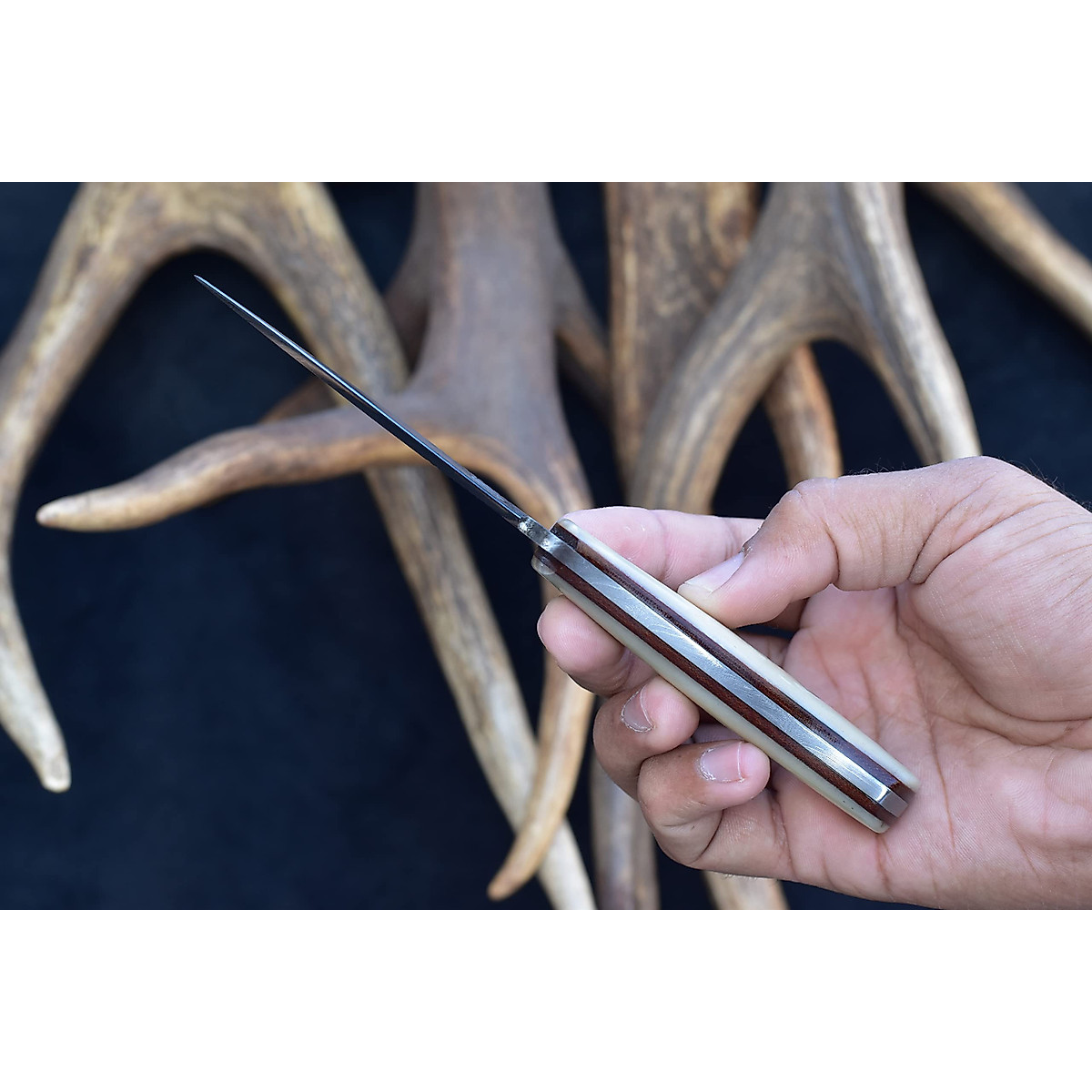 Knives Ranch Handmade Damascus Steel Knife Full Tang Quad Lanyard Hole Knife Cattle Bone Handle Heavy Duty 45 Degree Pancake Sheath Snug Fit (3112-B)