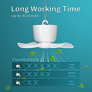 UNbeaten Portable Camping Fan for Tents with Hanging Hook, 8000mAh Battery Operated,Remote Control,Timer,4 Speeds,USB Rechargeable for Camping Outdoor