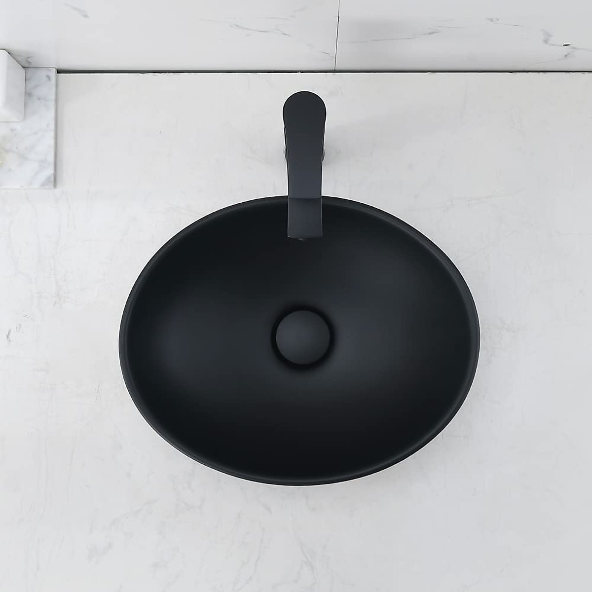 Oval Black Vessel Sink with Faucet and Drain Combo -Bokaiya 16x13 Ceramic Bathroom Sink Above Counter Vessel Sink Oval Porcelain Ceramic Bathroom Lavatory Vanity Sink Art Basin Set