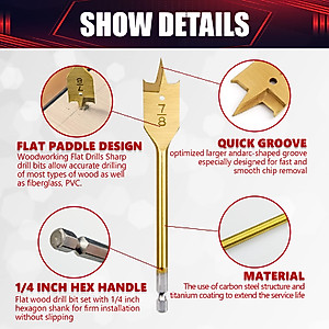 wesleydrill 6PCS Spade Drill Bit Set Paddle Flat Bits 3/8"-1" Flat Wood Hole Cutter Fit for Most Types of Wood as Well as Fiberglass