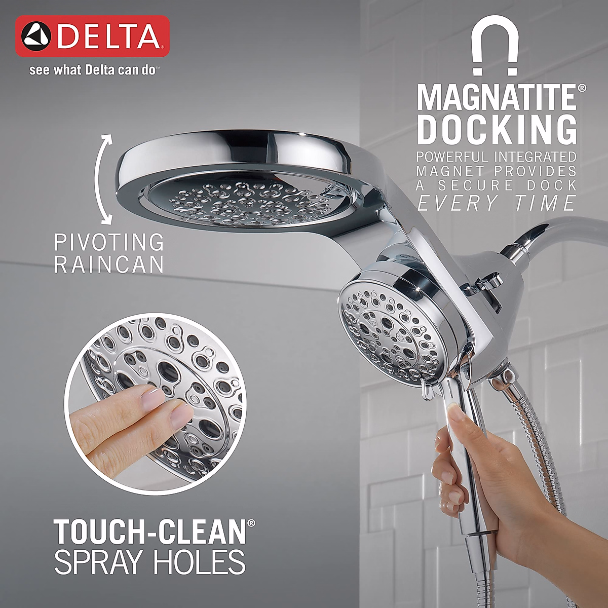 Delta Faucet HydroRain 5-Spray H2Okinetic Dual Shower Head with Handheld Spray, Chrome Shower Head with Hose, Handheld Shower Heads, Detachable Shower, 2.5 GPM Flow Rate, Lumicoat Chrome 58680-PR25