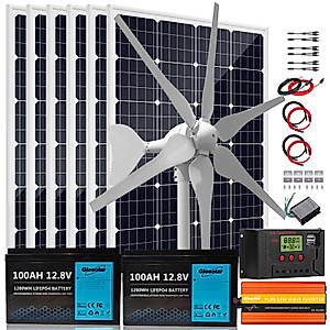 1120W 24V Solar Wind Power Kit Home Off-Grid System for Charging Battery：2X 100AH Lithium Battery + 400W Wind Turbine Generator + 6X 120W Mono Solar Panel+ Charge Controller + 3000W Inverter