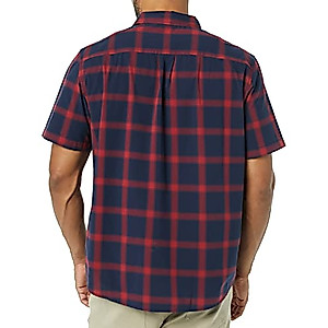 Amazon Essentials Men's Short-Sleeve Stretch Poplin Shirt (Available in Big & Tall), Navy Red Buffalo Plaid, Medium