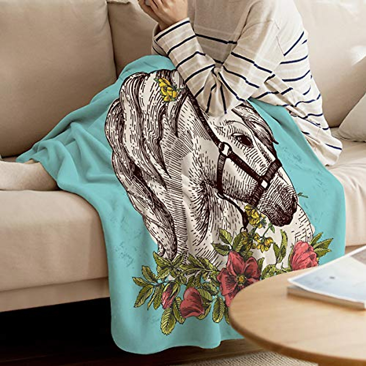 Fleece Blanket Throw Size Animal Boho Horse Poppy Wreath Equestrian Lightweight Super Soft Cozy Luxury Bed Blanket Microfiber for All Season Bed Couch Sofa 40 x 50 Inch