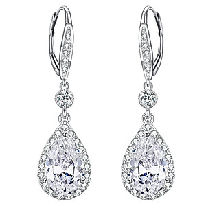 EleQueen Teardrop Lever-back Dangle Earrings 925 Sterling Silver Full Cubic Zirconia Bridal Long Earrings for Women, Valentine's Day/Mother's Day/Christmas Jewelry Gift