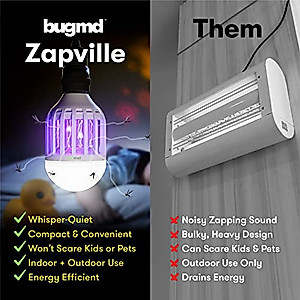 BugMD Zapville - Bug Zapper Indoor UV and LED Light Bulb, Portable Bug Zapper, Attracts Mosquitos Insects Bugs, Pest Control for Patios Porches Garage Shed for E27/E26 Base