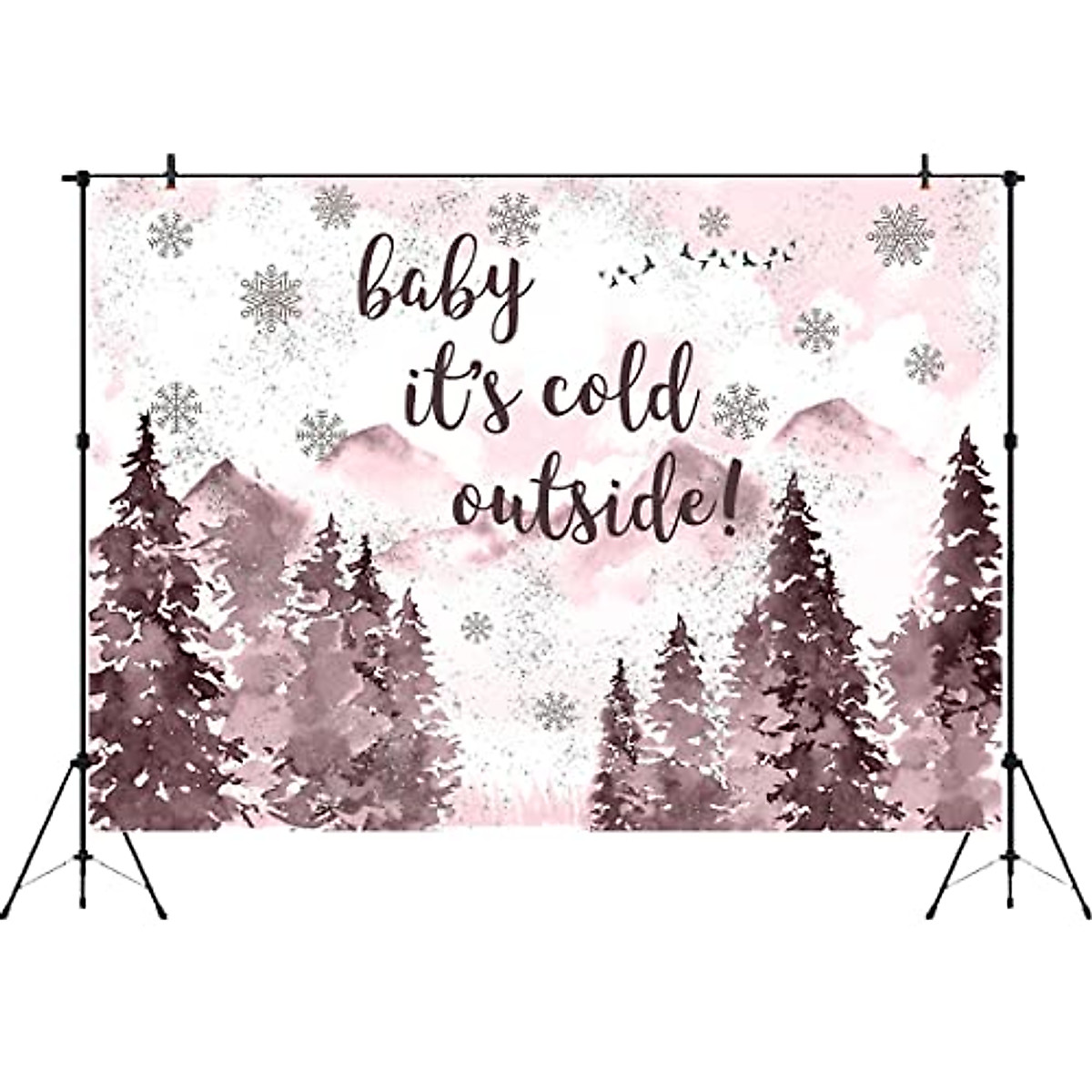 Aperturee Mountain Baby Shower Backdrop 7x5ft Baby It's Cold Outside Girl Party Decorations Banner Snow Forest Snowflake Photography Background Woodland Adventure Gender Neutral Party Supplies