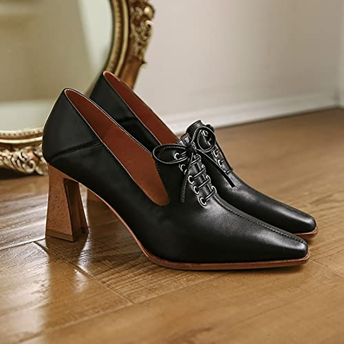 Women's Retro English Style Pointed Thick Heel French Single Shoes Casual Work Shoes Women Black