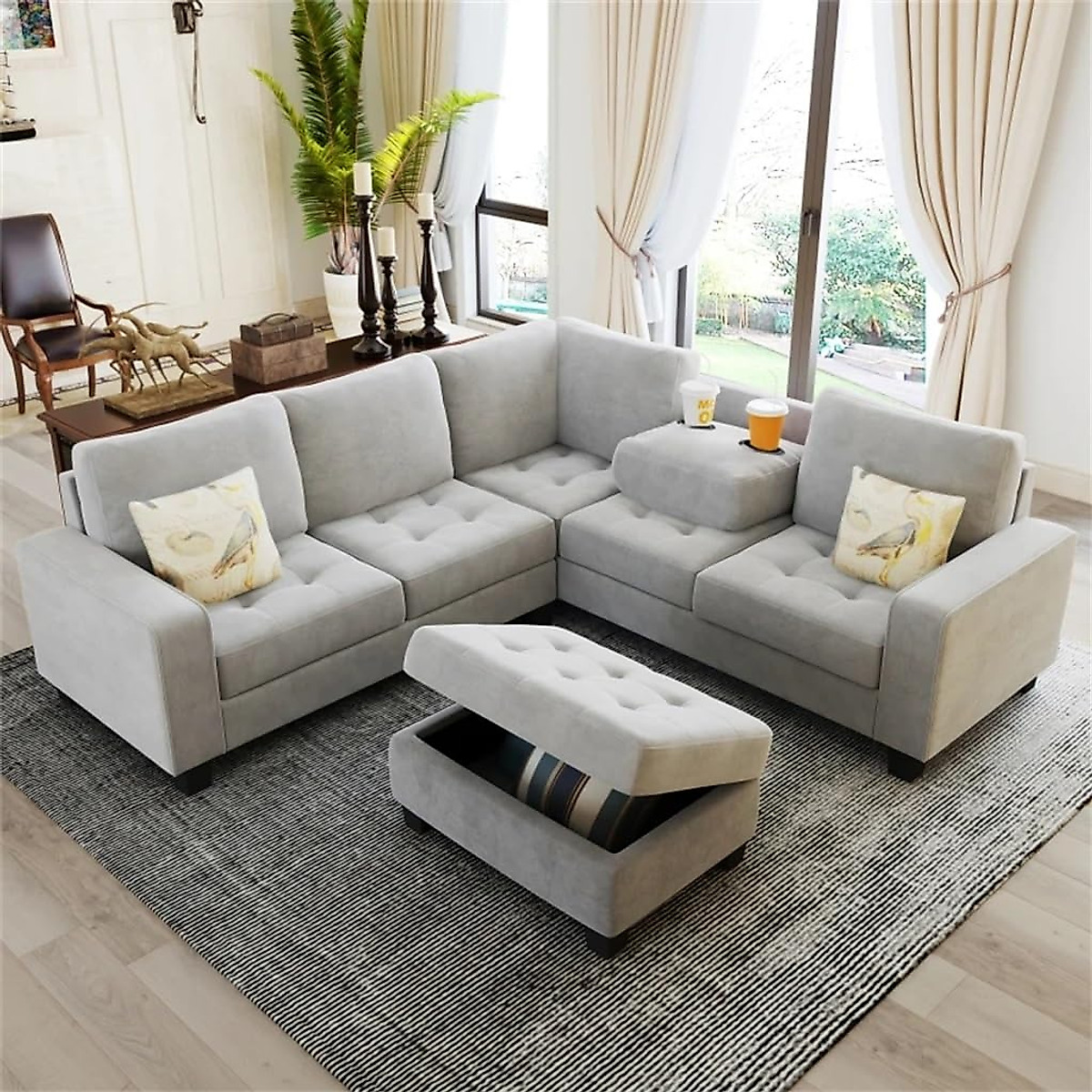 FANCUF Sectional Corner Sofa L-shape Couch Space Saving with Storage Ottoman Cup Holders Design for Large Space Dorm Apartment