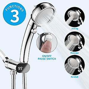 KAIYING High Pressure Shower Heads with Shower Thermometer, 3 Spray Hand Held Shower Head with On Off Switch, Detachable RV Shower with Hose and LED Temperature Display Bracket, Chrome