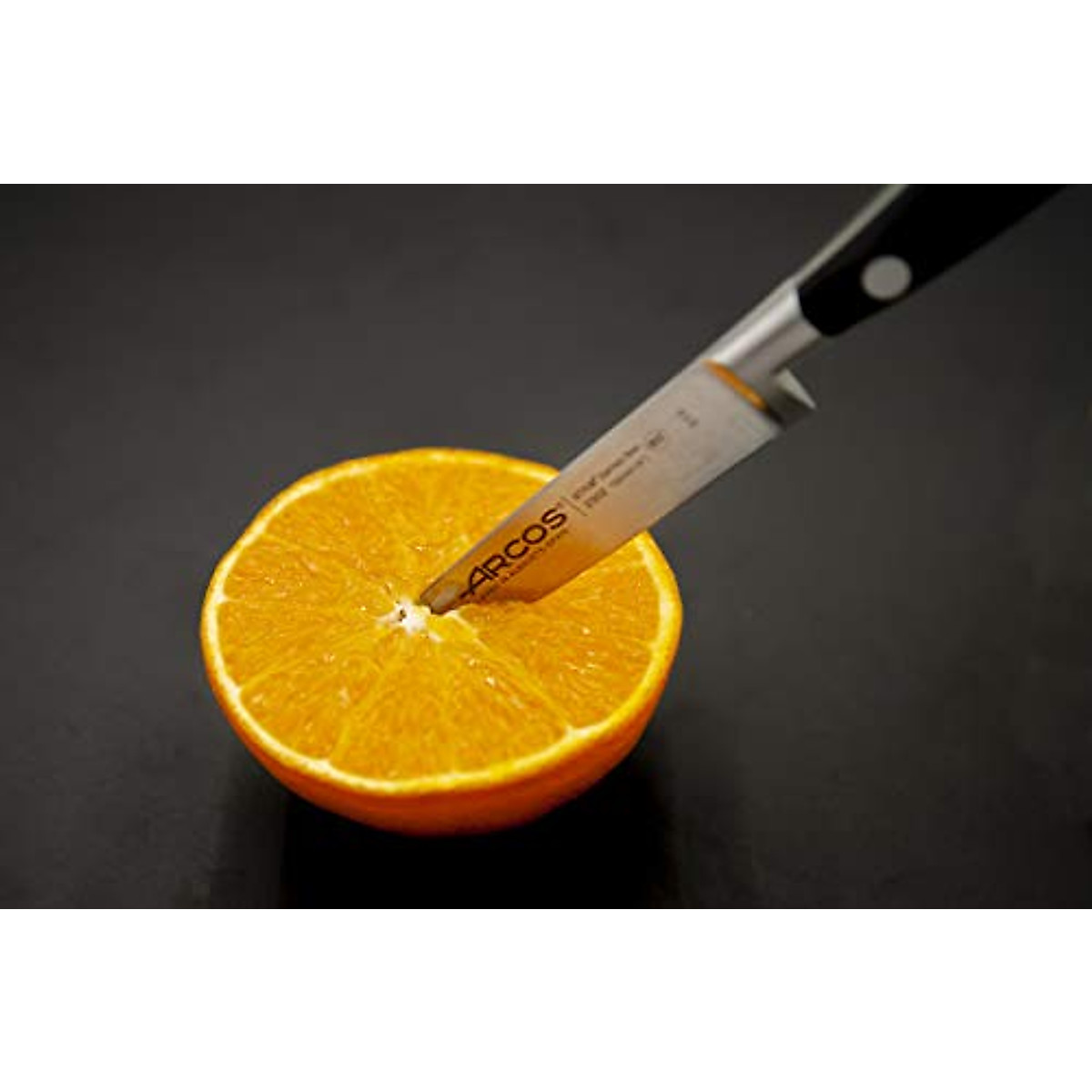 ARCOS Forged Block Knife Set 6 piece Nitrum Stainless Steel. 4055 gr. Multi-use Cooking Knife for Cutting Meat and Vegetables. Ergonomic Polyoxymethylene POM Handle. Series Riviera. Color Black.