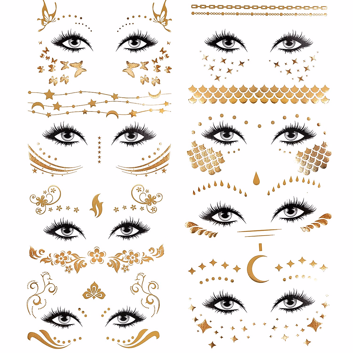 Konsait 8 Sheets Face Tattoo Sticker Metallic Temporary Transfer Tattoo Waterproof Face Jewels for Women Girls Make Up Dancer Costume Parties, Shimmer Glitter Gold Tattoos,Scale Tears Butterfly Freckl