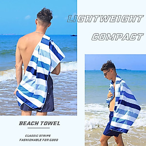 Exclusivo Mezcla Large Microfiber Quick Dry Beach Towel, Lightweight Sand-Free Cabana Stripe Pool Travel Camping Towel with Bag (Blue, 30x60 Inches)