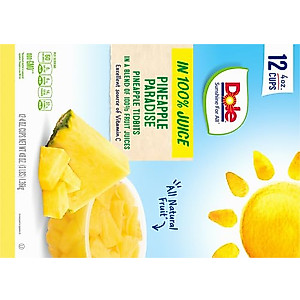 Dole Pineapple Paradise Pineapple Tidbits in a Blend of 100% Fruit Juices Snacks, 4oz 12 Total Cups, Gluten & Dairy Free, Bulk Lunch Snacks for Kids & Adults