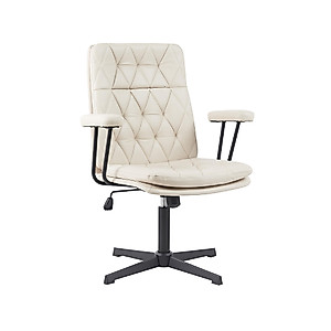 EYYTHUNG Desk Chair No Wheels with Arms Crossleg Stationary Ergonomic Soft Cushion Home Office Swivel Working Computer Chair Cream White