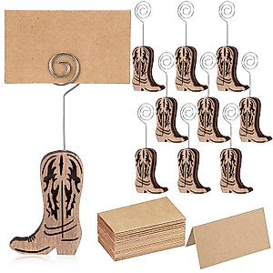 Havawish 10 Pcs Wood Cowboy Boot Place Card Holders and 10 Pcs Kraft Table Place Cards Cowboy Boots Table Number Holders Photo Holder Menu Memo Clips Cowboy Boot Decorations for Wedding Party Favors
