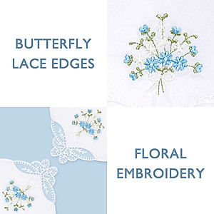 Selected Hanky Women's Cotton Handkerchiefs Flower Embroidered with Lace, Ladies Hankies 6 Pcs - Assorted