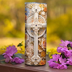 CERMELUS 3D Wrap Christian Cross 20oz Skinny Tumbler, Stainless Steel Double Wall Insulated Cup With Lid And Straw Multi, Bible Christian Tumbler, Gifts for Women, Men, Friends