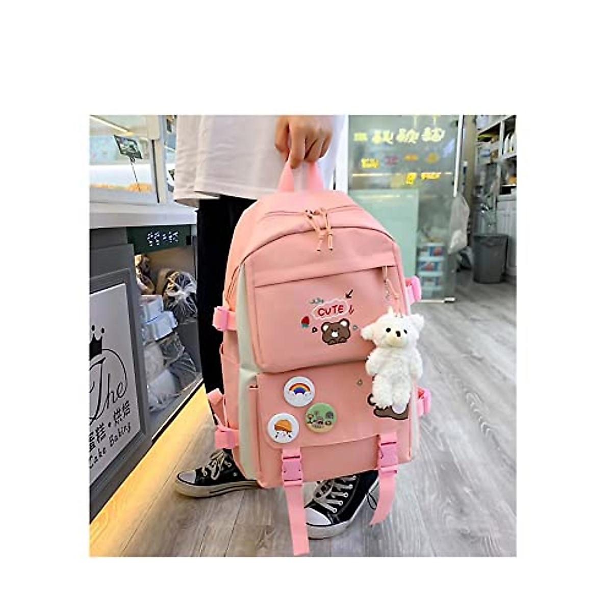 MOJIDUO 5Pcs Set Kawaii Backpack with cute plush Pendants & Badge,19 gallon capacity School Bag Cute Aesthetic Backpack