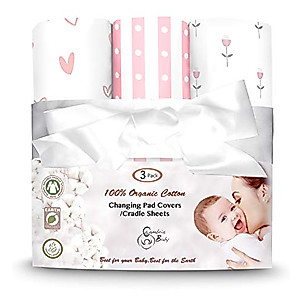 Cambria Baby 100% Organic Cotton Changing Pad Covers or Cradle Sheets with Reinforced Safety Strap Holes. Soft, Pre-Shrunk, and Machine Washable. Girl 3 Pk