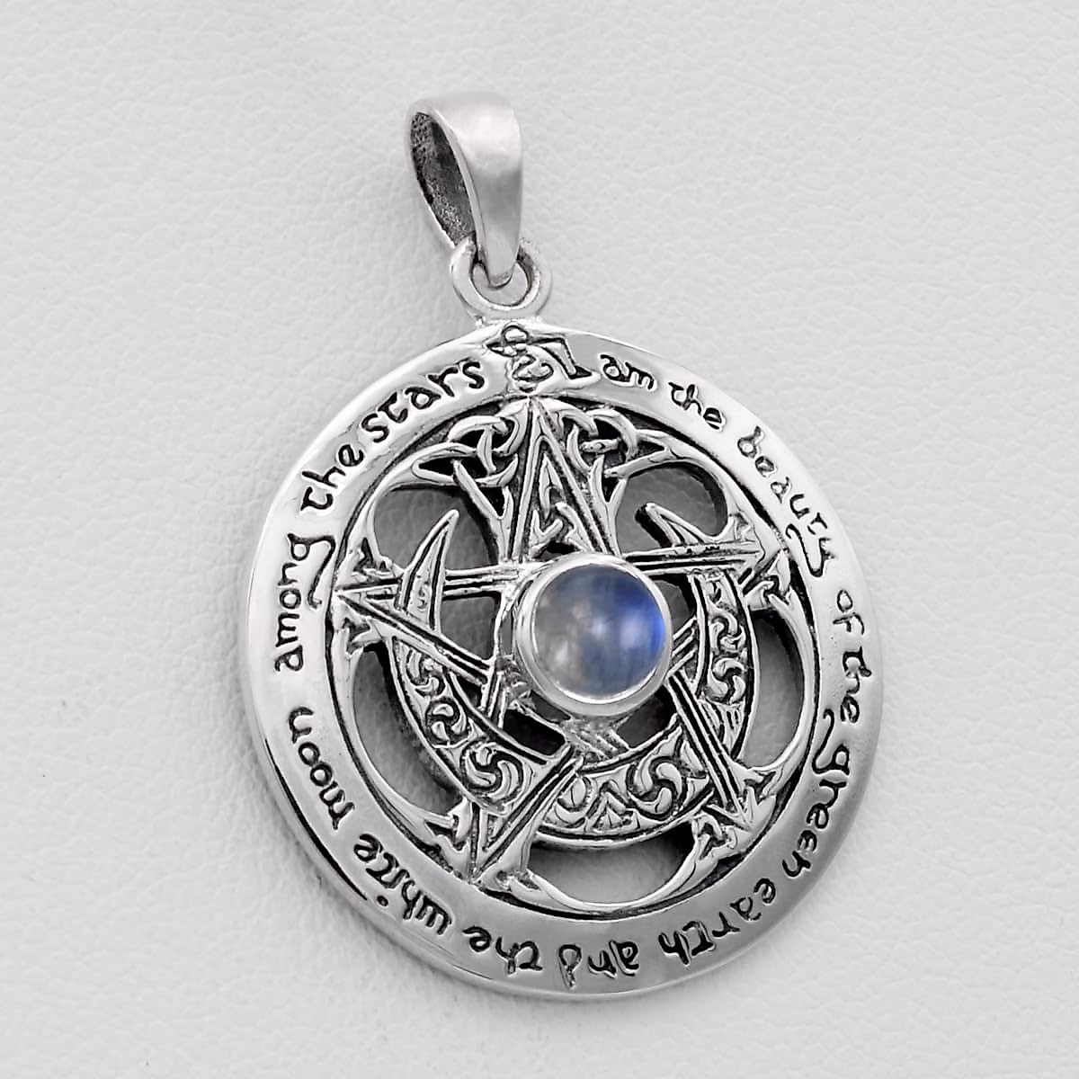 Dryad Design Wiccan Pentacle Pendant - Lunar Goddess Pendant .925 Sterling Silver Rainbow Moonstone Protection Amulet - Pagan Moon Jewelry