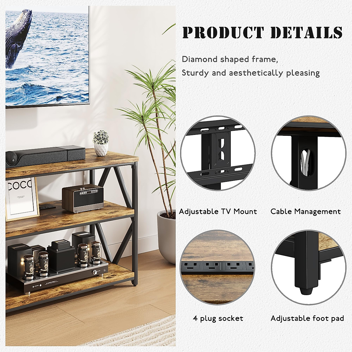 YESHOMY Swivel TV Stand with Mount for Television up to 75”, Entertainment Center with Power Outlet and Storage Shelves for Living Room, Firewood