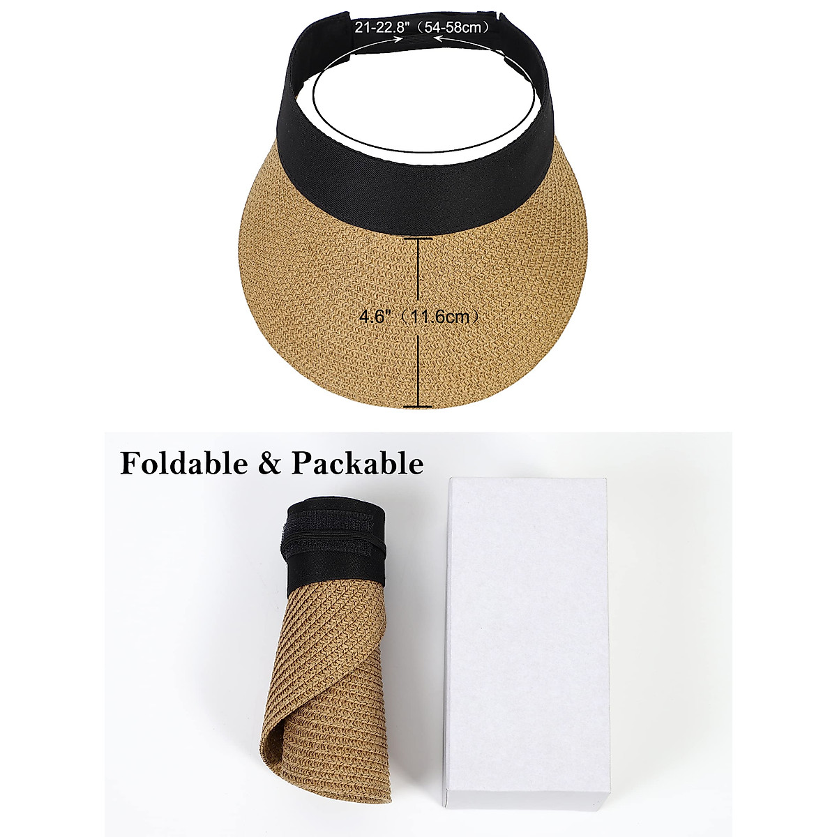 Women Wide Brim Straw Visor Sun Hat UV Protection Packable Beach Cap for Summer UPF 50+(Khaki)