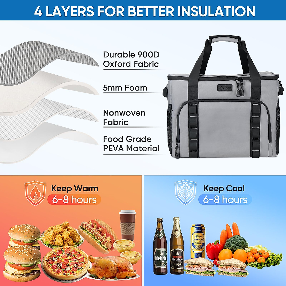 BALEINE Extra Large Soft Cooler Bag, Portable Leakproof Cooler, 40/60 Cans Volume for Beach, Camping, Kayaking, Travel, and Road Trips (9.5 Gallon, Black)