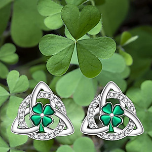 Celtic Knot Green Shamrock Earrings for Women Studs Four Leaf Clover St Patricks Day Earrings Triangle Jewelry Birthday Irish Birthday Gifts Sterling Silver