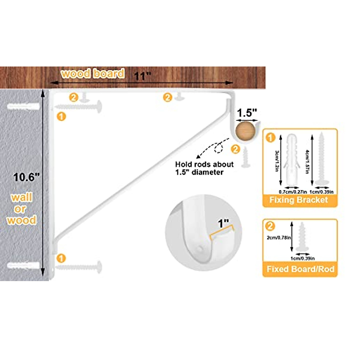4Pack Closet Shelf Brackets, Heavy Duty Closet Rod & Shelf Brackets, 11 Inch Closet Brackets with Rod Holder, Hanger Pole Support Bracket for Clothes, Wall Mount Closet Rod Brackets with Screws-White