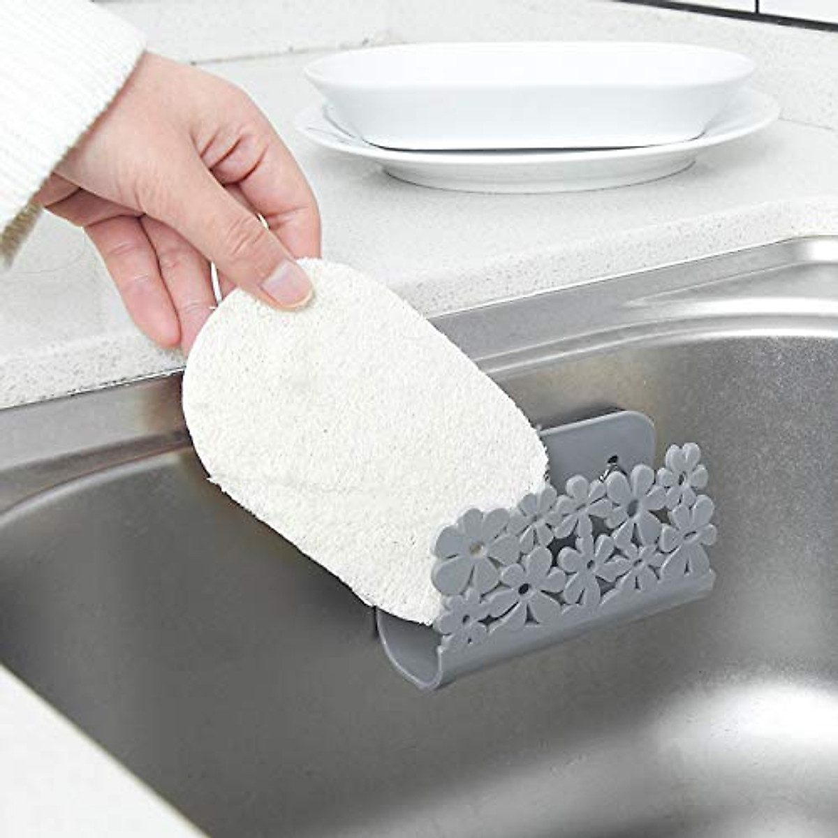 QTMY 2 Pack Sponge Holder, Kitchen Sink Storage Organizer, Sink Caddy Rust Proof, Water Proof & No Drilling,Gray and Beige
