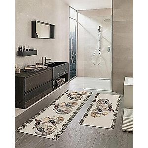 Farmhouse Thanksgiving Bath Mat for Tub,Non Slip Bathroom Floor Runner Rug Quick Dry & Absorbent Diatomaceous Earth Shower Sink Kitchen Washable Doormat,European Pumpkins Gold Floral Leaf 16x24+16x47