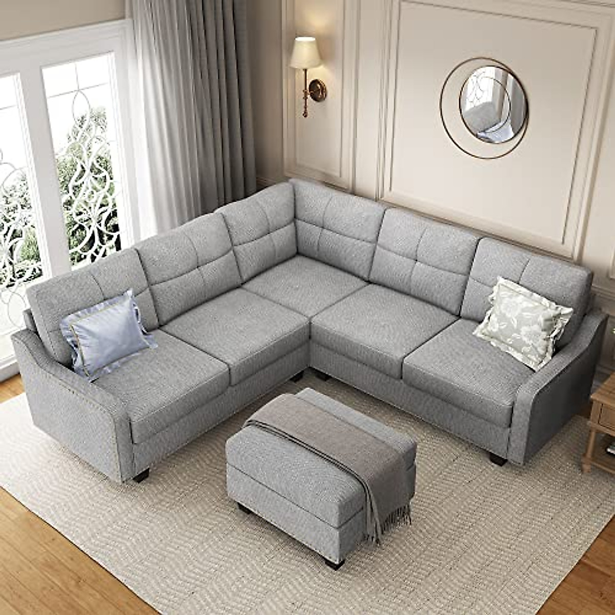 HONBAY Convertible Sectional Sofa, L Shaped Couch with Storage Ottoman, Reversible 4 Seat Corner Sofa for Small Apartment,Light Grey