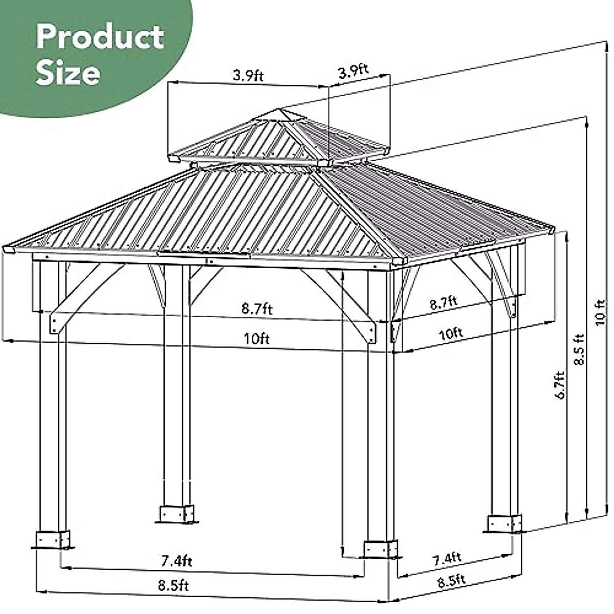 BBQ Gazebo Canopy Patiojoy 10'x10' Outdoor Patio Hardtop Gazebo Double Steel Roof Solid Wood Frame Grill Gazebo Shelter for Patio, Garden