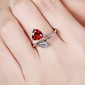 Narica Women's Created Exquiste 925 Plated Sterling Silver Heart Cut Created Garnet Leaf-shaped Rings Size 6