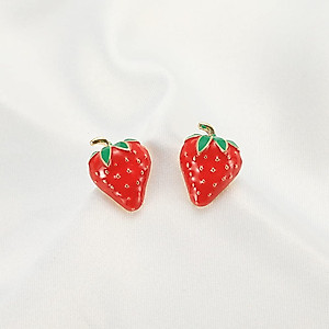 Cute Strawberry Fruits Small Stud Earrings 925 Sterling Silver Post for Women Girls Teen Cubic Zirconia Funny Red Enamel Lifelike Lucky Mini Cartilage Tragus Hypoallergenic Jewelry Birthday Easter