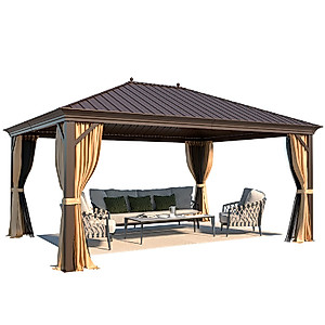 YOLENY 12' X 16' Hardtop Gazebo Galvanized Steel Outdoor Patio Gazebo Canopy Permanent Gazebo with Single Roof Aluminum Frame, Netting & Curtains for Garden, Patio, Lawns, Deck