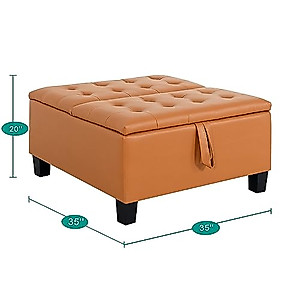 Ciara 35-Inch Air Leather Tufted Upholstered Lift-Top Ottoman Cube Bench, Large Square Storage Coffee Table for Dorm Room, Toy Box, Footrest Stool, Caramel Ottoman with Spacious Interior Compartment