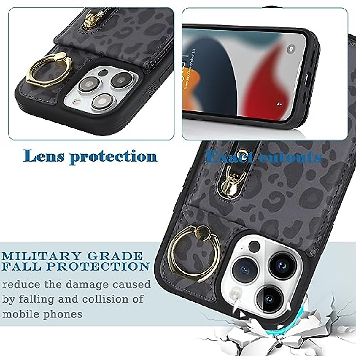 DEYHU iPhone 13 pro Case with Card Holder for Women, iPhone 13 pro Phone Case Wallet with Credit Card with Ring Kickstand Zipper Shockproof Slim Stand Case for iPhone13pro - Black Leopard