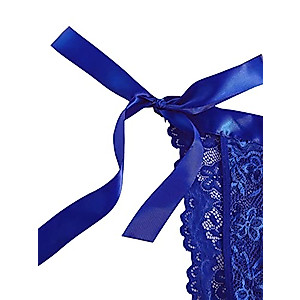 SweatyRocks Women's Sexy Floral Lace Scalloped Trim Self Tie Panty Mesh Lingerie Set Dark Blue Small
