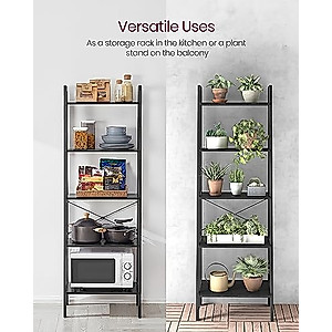 VASAGLE Ladder Shelf, 5-Tier Bookshelf, Storage Rack, Bookcase with Steel Frame, for Living Room Home Office, Kitchen, Bedroom, Industrial Style, Ebony Black + Black
