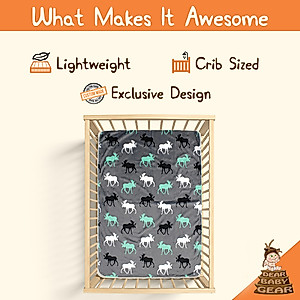 Dear Baby Gear - Premium Car Seat Baby Blanket - Soft Swaddle Blanket for Baby Girls and Boys, Plush Blankets - Adorable Designs, Comfortable Fabric - White Gray and Mint, Moose(40 x 30 inches)