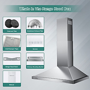 Range Hood 30 inch, IsEasy Wall Mount Vent Hood 500 CFM with Ducted Convertible Ductless Kitchen Hood in Stainless Steel, 3 Speed Exhaust Fan, Charcoal Filters & Vent Hose included