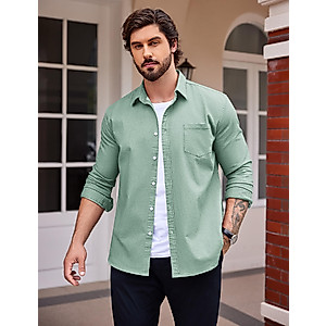 COOFANDY Mens Casual Dress Shirt Long Sleeve Button Down Shirts Untucked Shirts Slim Fit Light Green