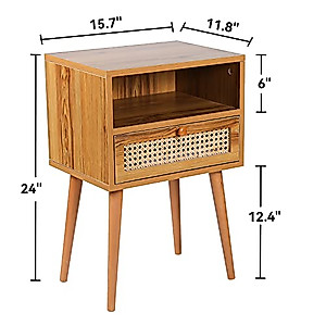 Rattan Nightstand Bedside Tables, Modern Wood Side Table Small End Table for Bedroom Living Room with Long Solid Wood Legs Drawer and Open Shelf